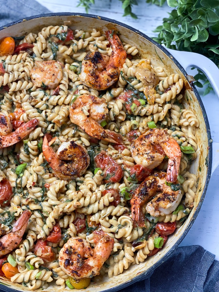 Cajun Shrimp Over Creamy Fusilli Pasta With Spinach & Roasted Tomatoes ...