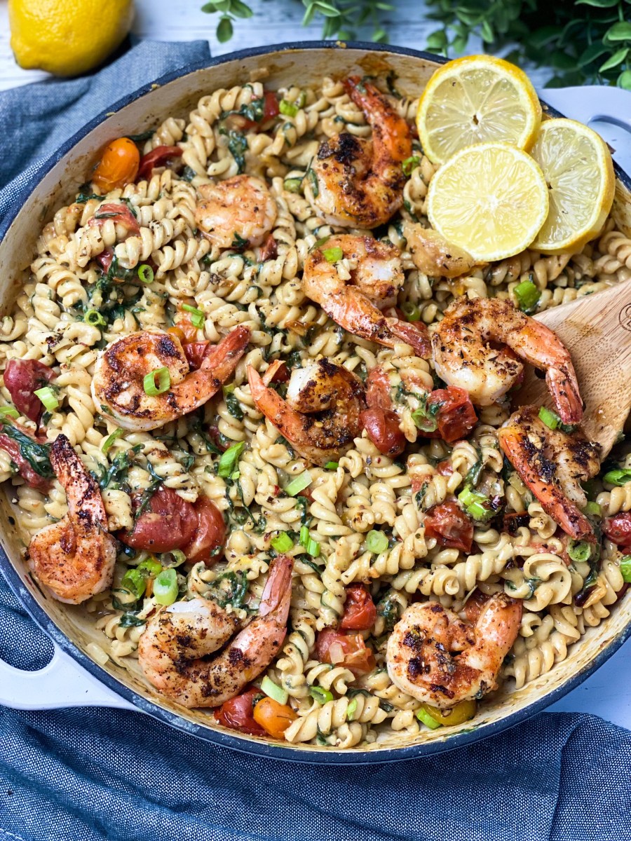 Cajun Shrimp Over Creamy Fusilli Pasta With Spinach & Roasted Tomatoes ...